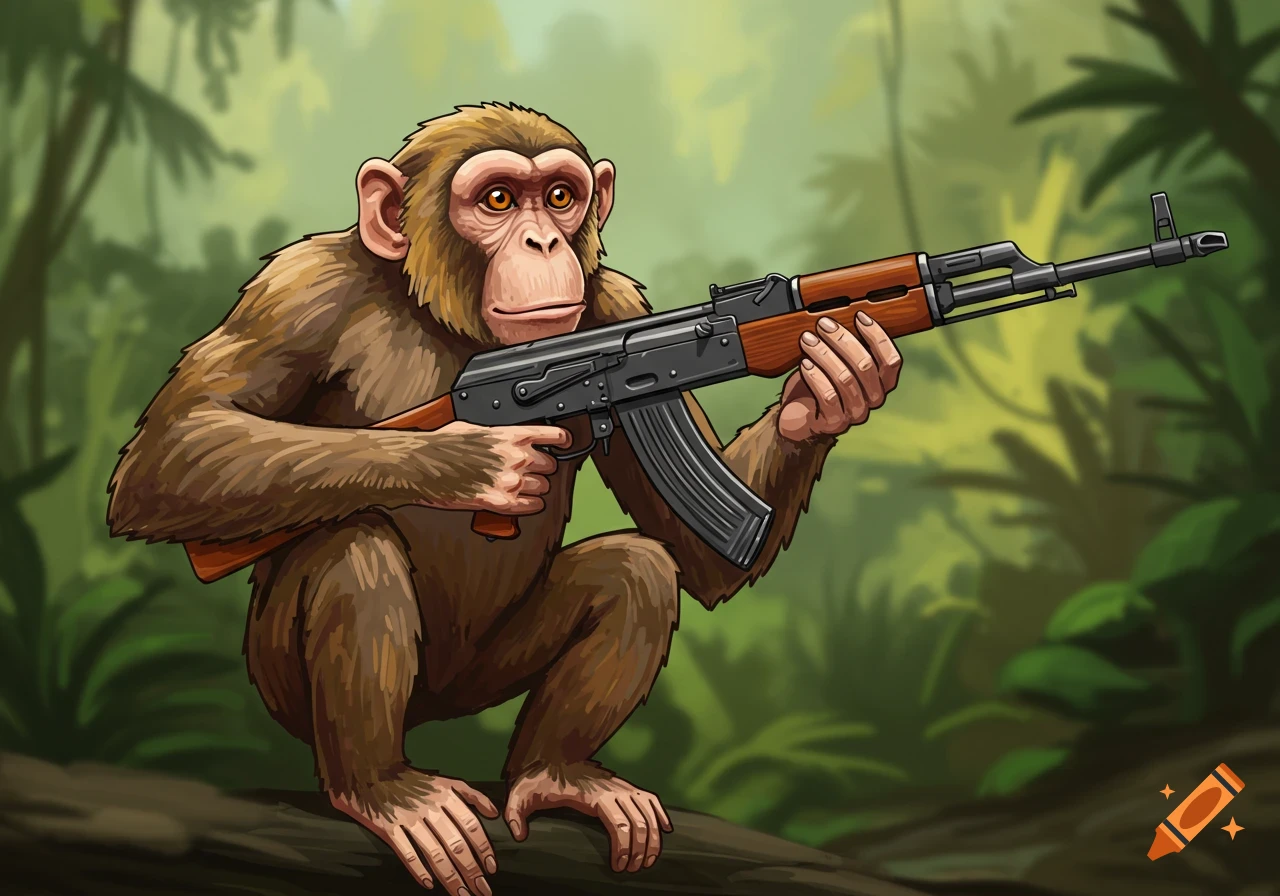 Illustrated monkey holding an AK-47 rifle in a jungle. on Craiyon