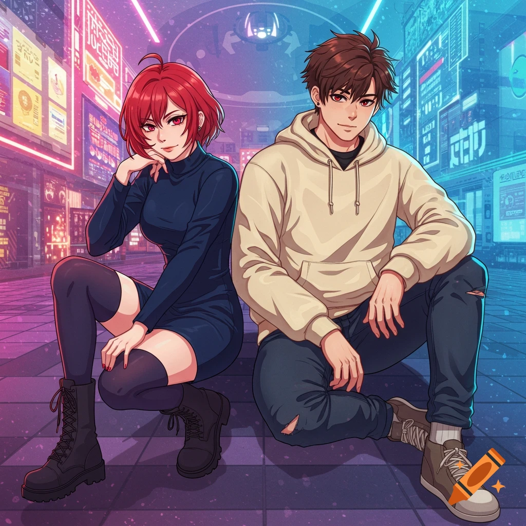 Two anime characters crouch in a neon-lit cyberpunk street. on Craiyon