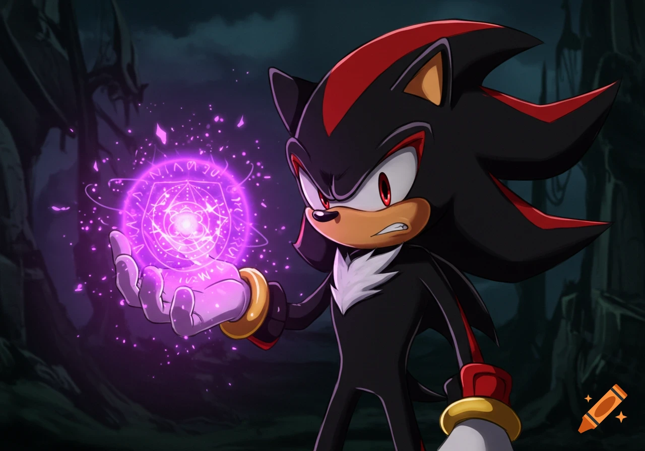 Shadow the Hedgehog holds a glowing purple magic orb in a dark forest ...