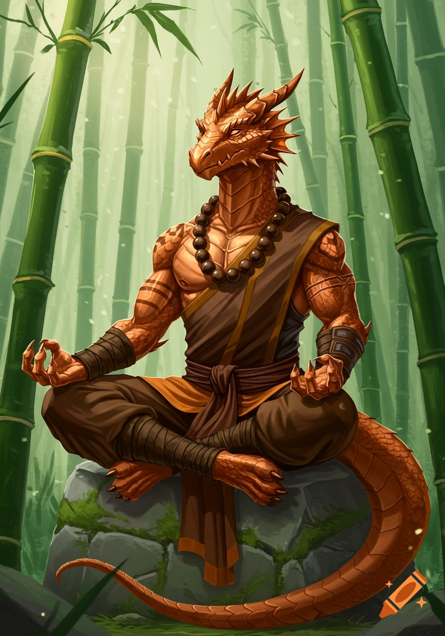 A copper-scaled dragonborn monk meditates in a bamboo forest. on Craiyon
