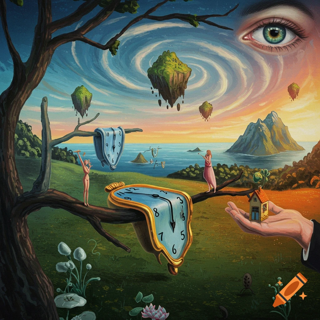 A surreal painting of a landscape with melting clocks, floating islands ...