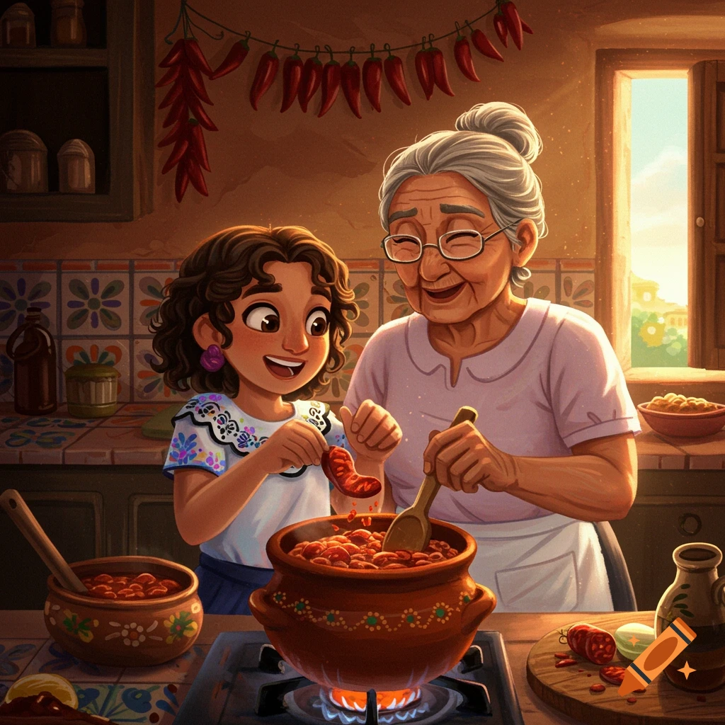 Illustrated scene of a Mexican girl and grandma cooking beans with ...