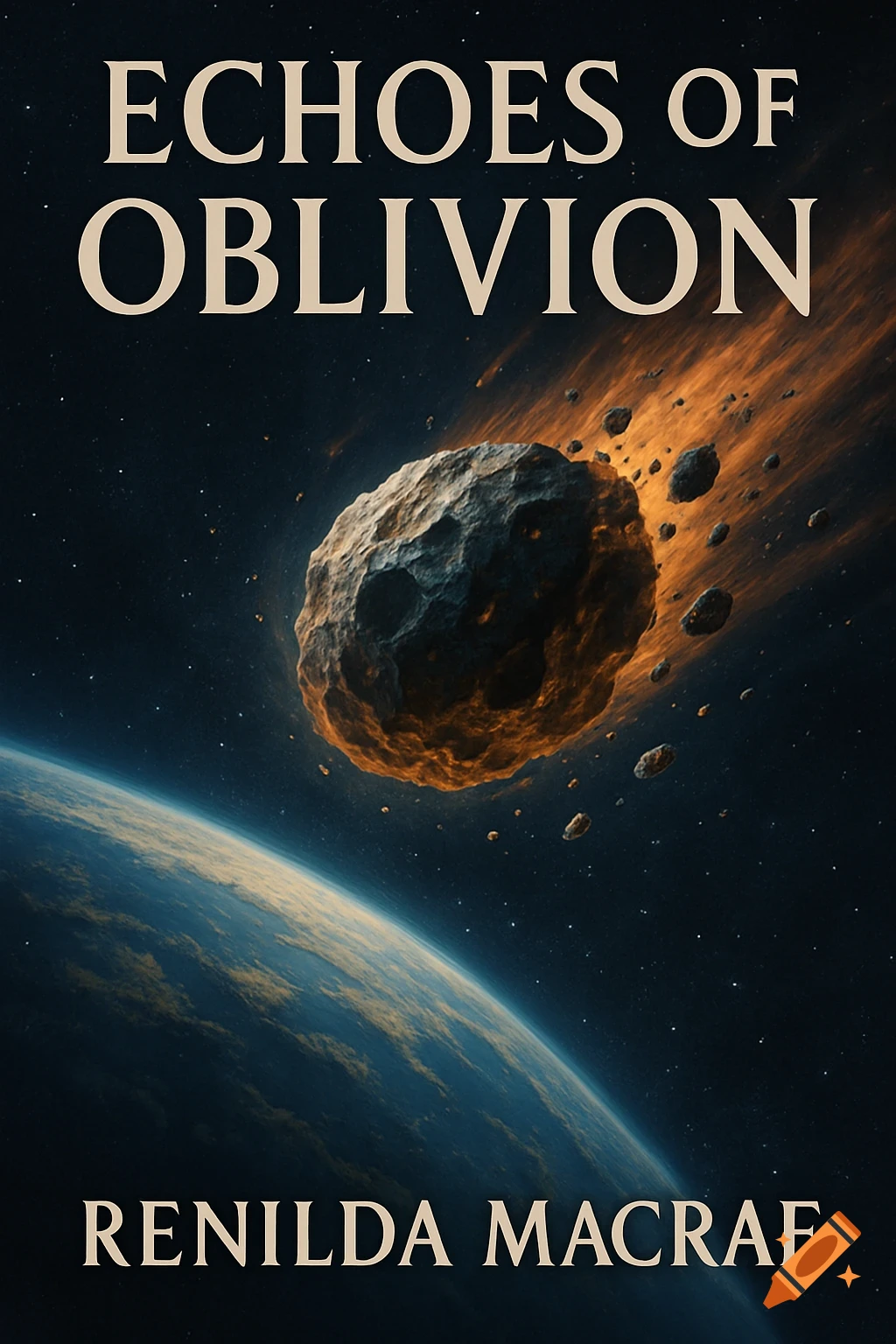 Sci-fi book cover: Asteroid with fragments approaches Earth in space. Text: 'Echoes of Oblivion ...