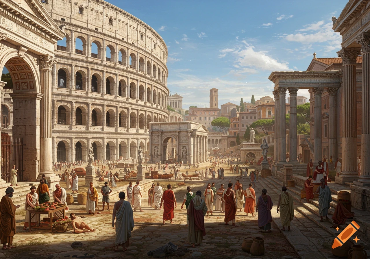 A detailed view of the Colosseum and market area in ancient Rome ...