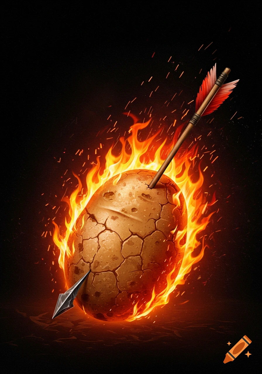 Illustration of a burning potato pierced by an arrow. on Craiyon