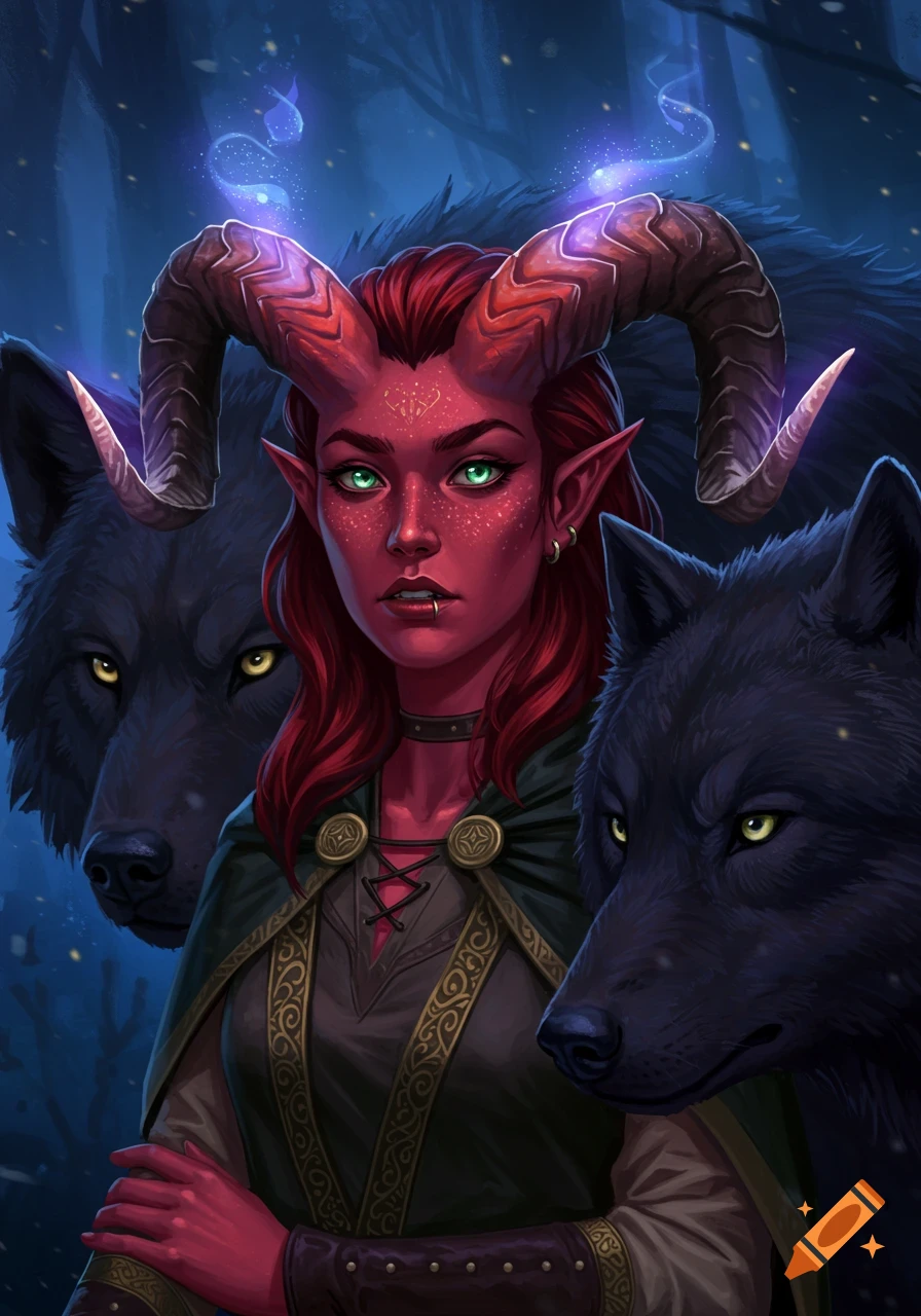 A red-skinned tiefling with horns and green eyes stands between two ...