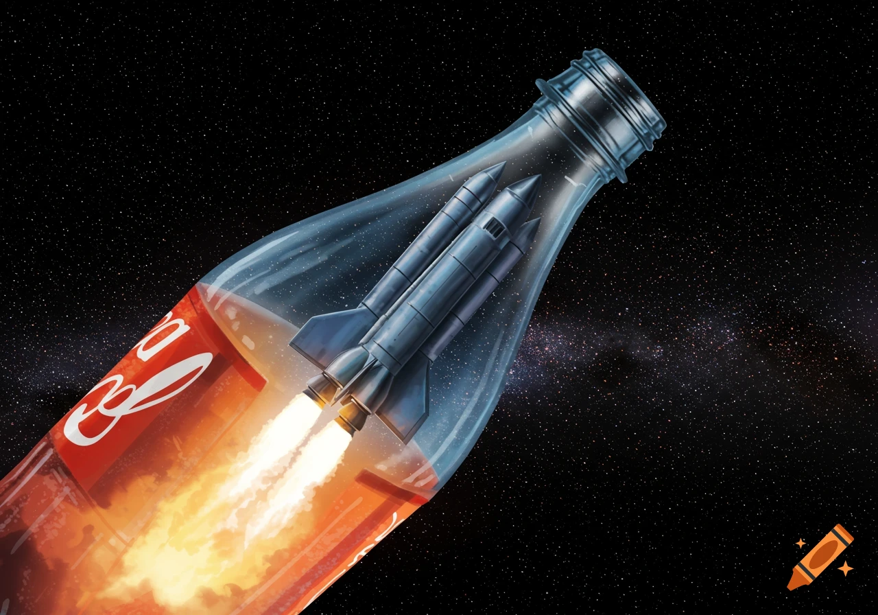 A space shuttle launches from inside a glass soda bottle in deep space ...