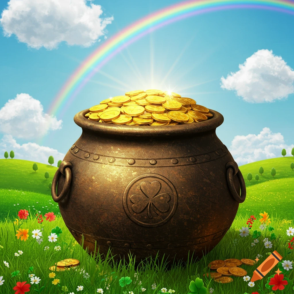 A pot overflowing with gold coins sits in a grassy field with flowers ...