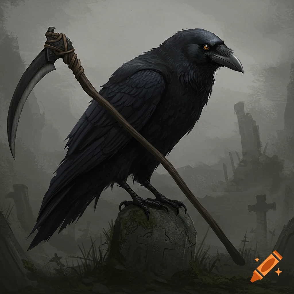 A black crow holds a large scythe while perched on a gravestone in a ...