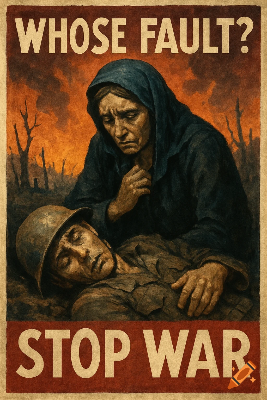 Somber anti-war poster showing a grieving woman cradling a soldier with ...