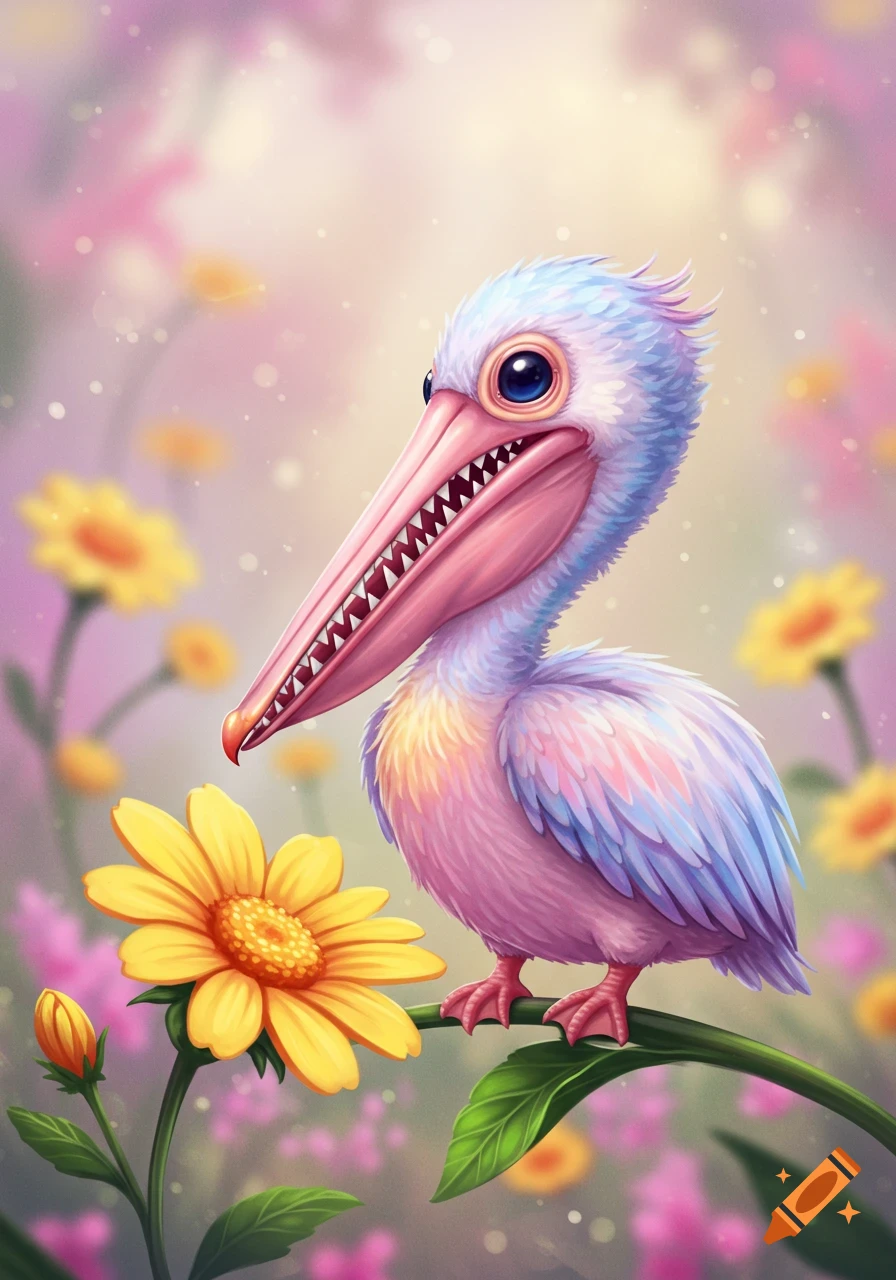 A colorful cartoon pelican with serrated teeth sits on a branch ...