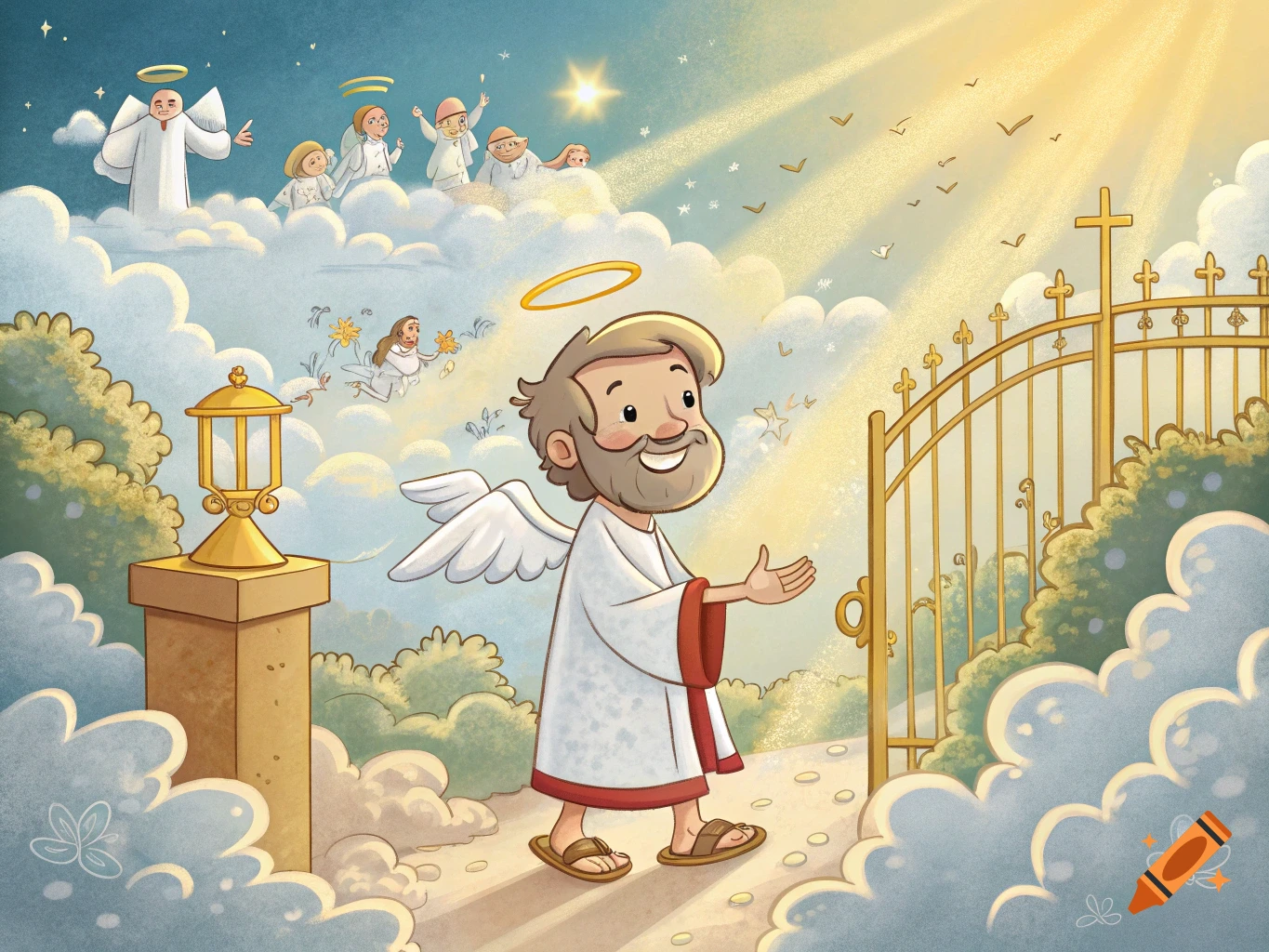 A cartoon illustration of St. Peter welcoming souls at the golden gates ...