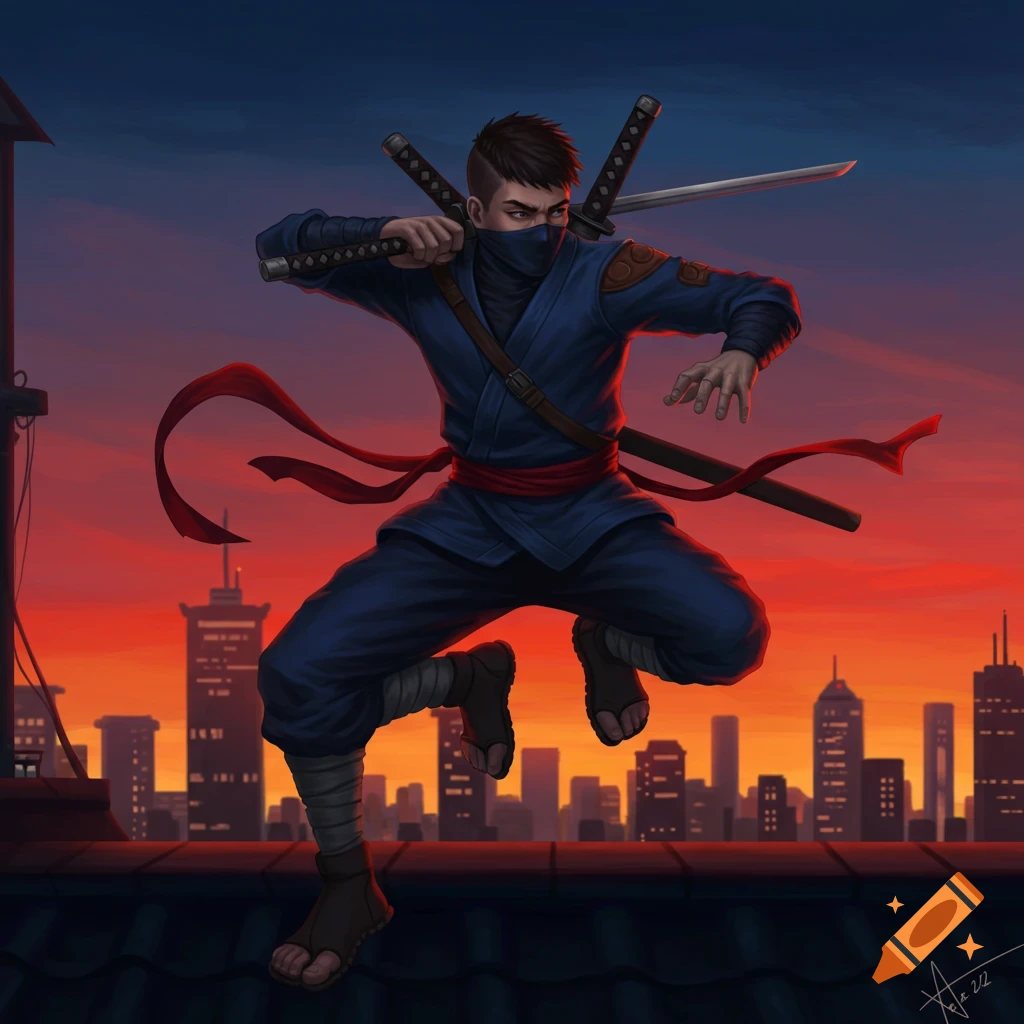 Stylized illustration of a ninja in a blue gi leaping on a rooftop ...
