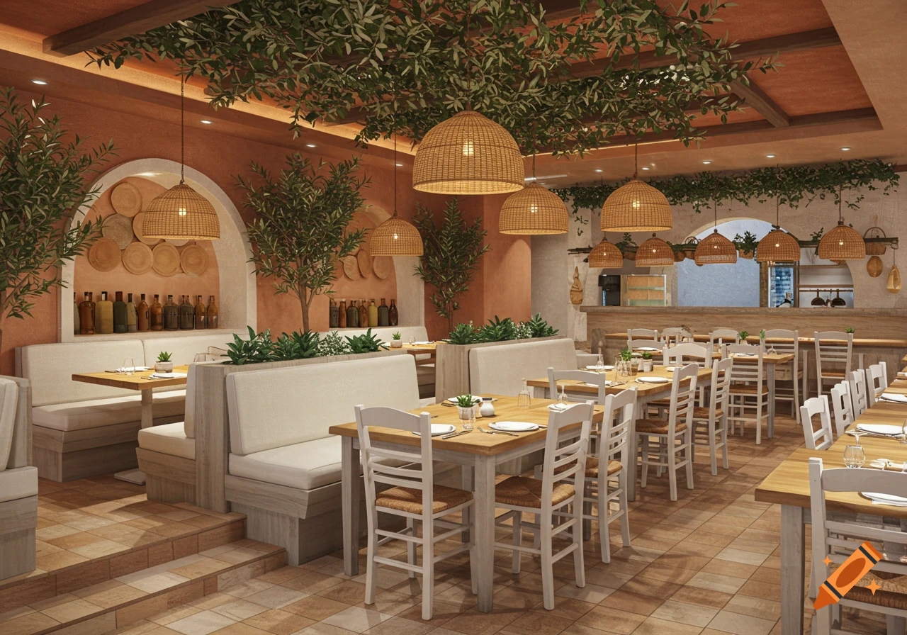 Interior of a Mediterranean Greek restaurant with booth and table ...