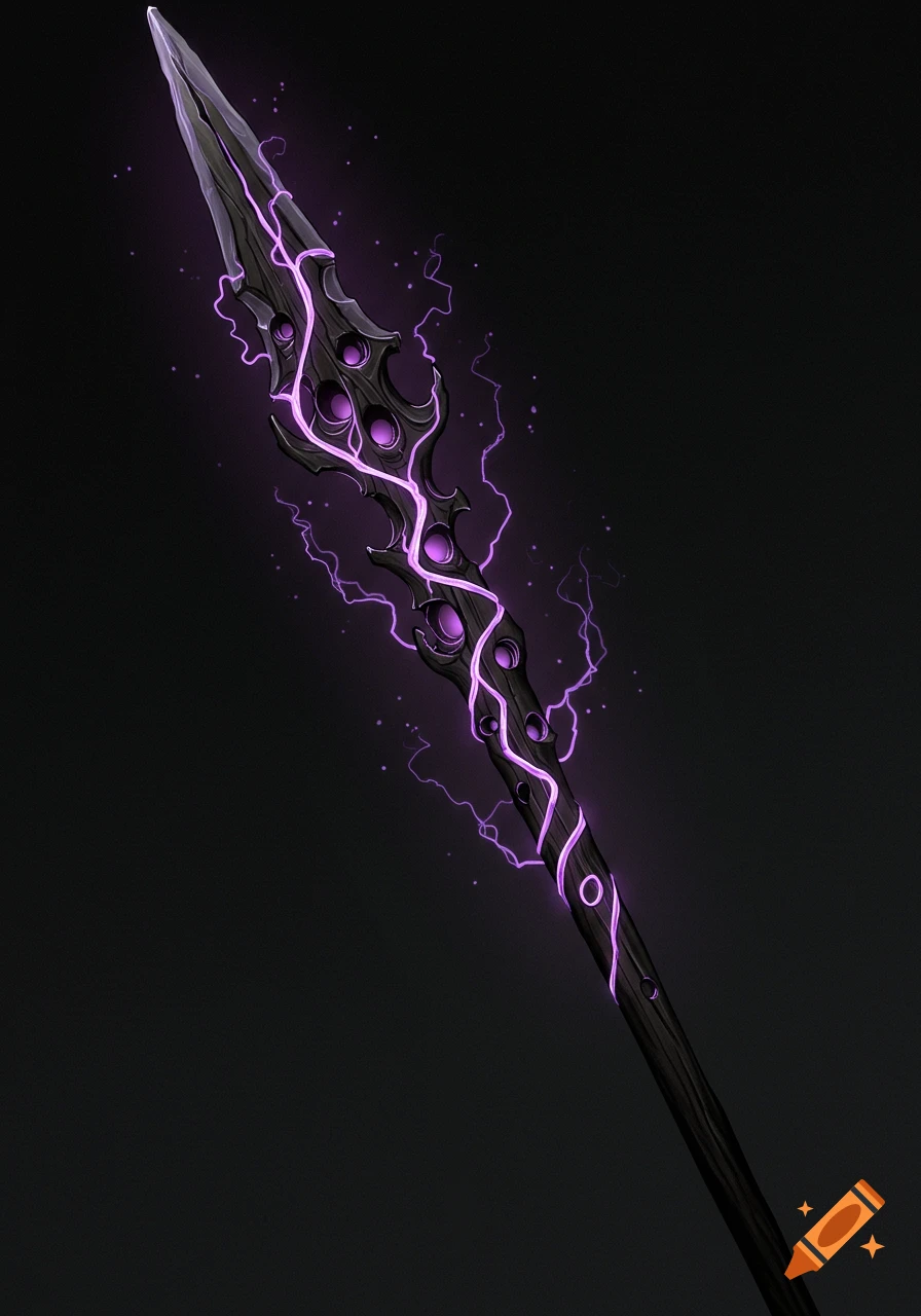 A dark, glowing fantasy spear with purple lines and holes. on Craiyon