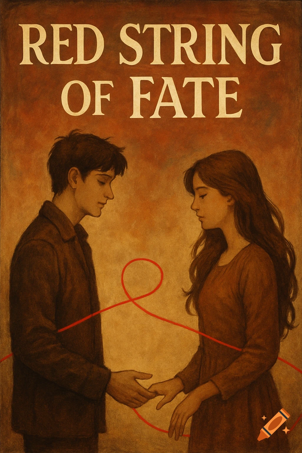 Illustrated poster: Man and woman connected by a red string, text 'RED STRING OF FATE'. on Craiyon