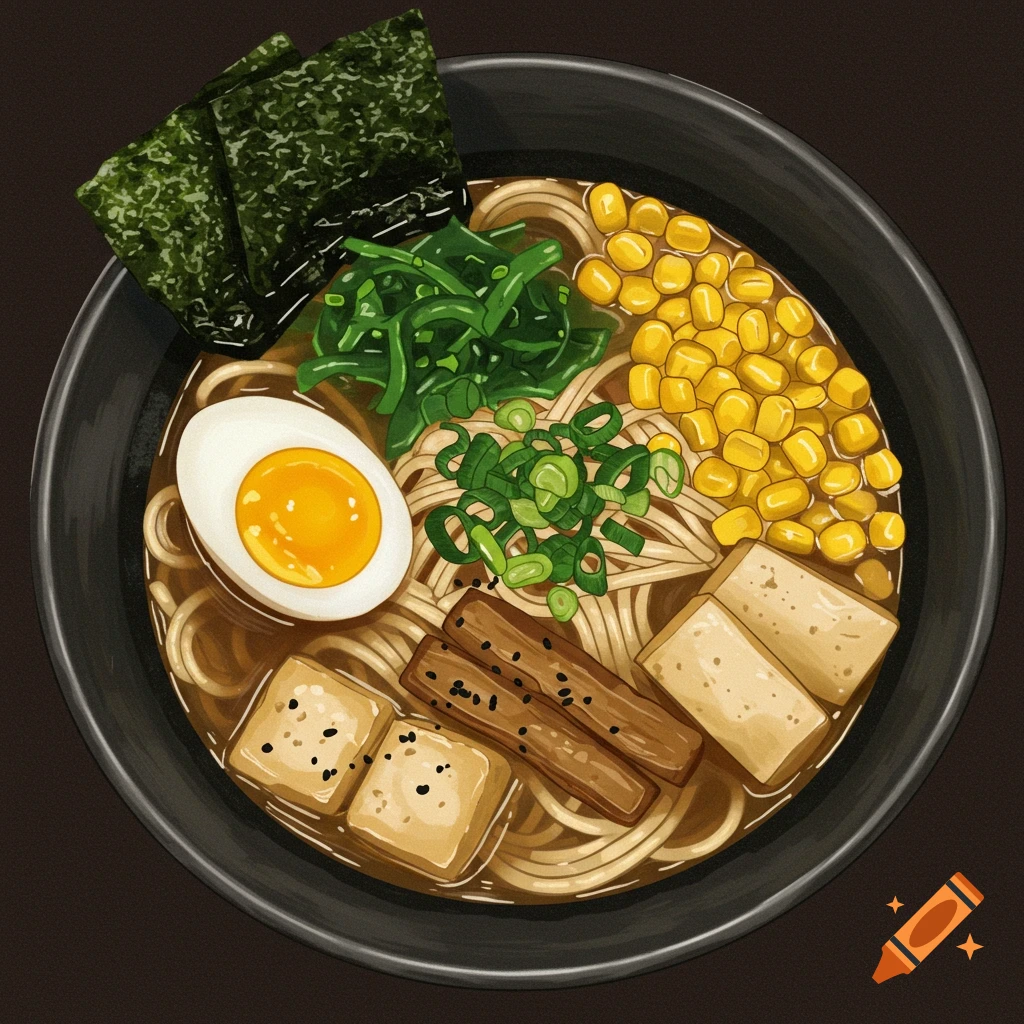 Top-down drawing of a bowl of ramen with egg, seaweed, corn, green ...