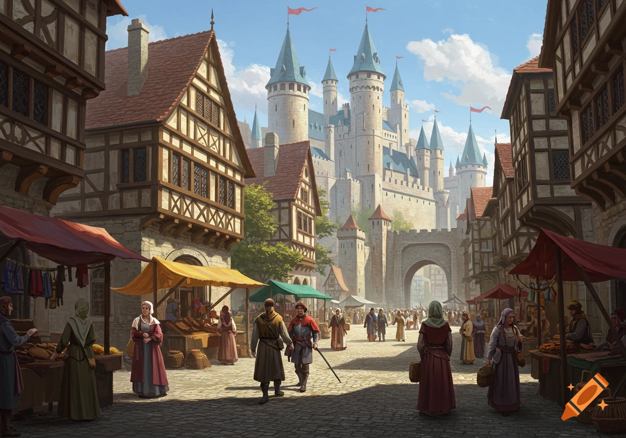 Medieval town square with people and stalls, overlooking a large castle ...