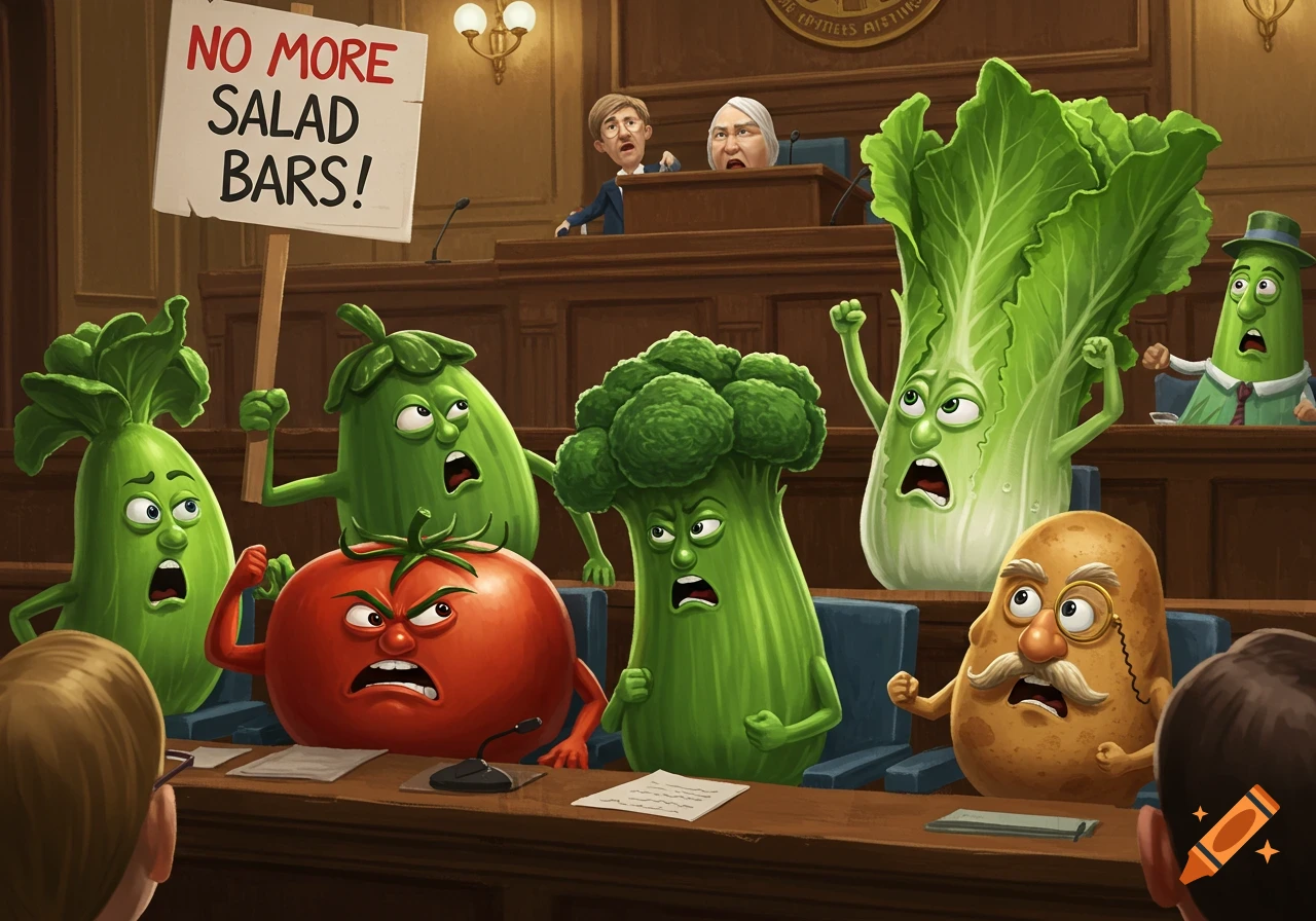 Cartoon vegetables protest with a sign reading 'NO MORE SALAD BARS!' in ...
