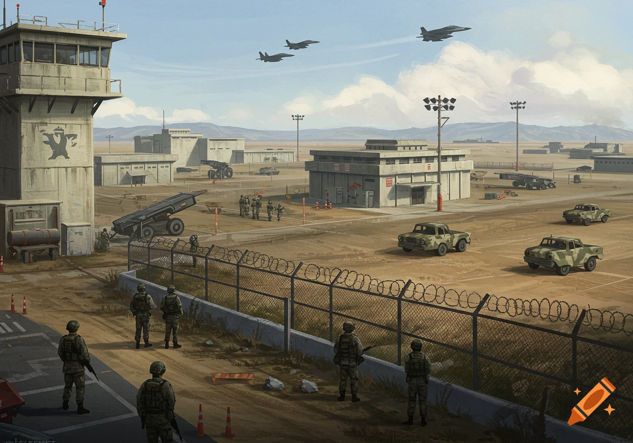 Illustration of a military base in a desert with soldiers, vehicles ...