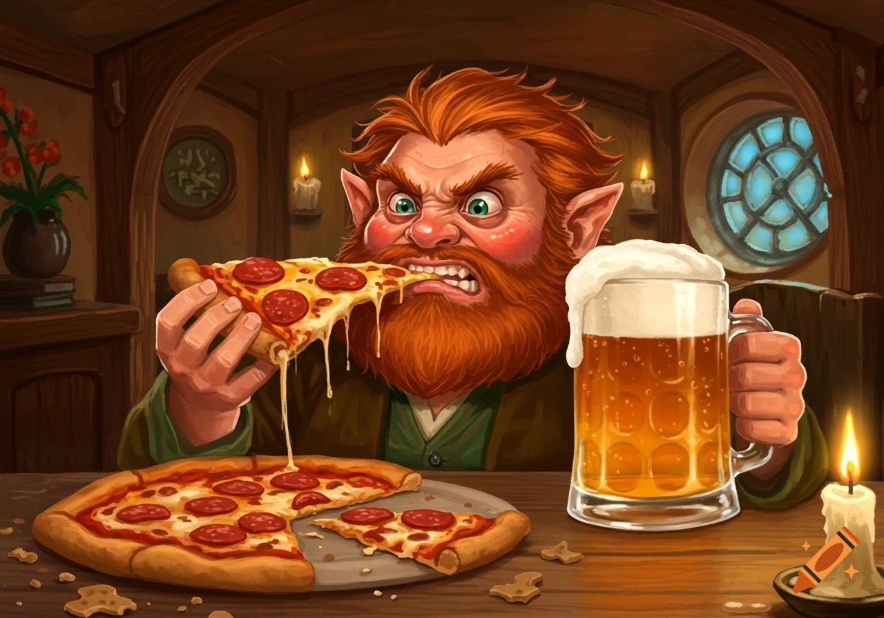 Cartoon fantasy creature eating pizza and drinking beer in a tavern on ...