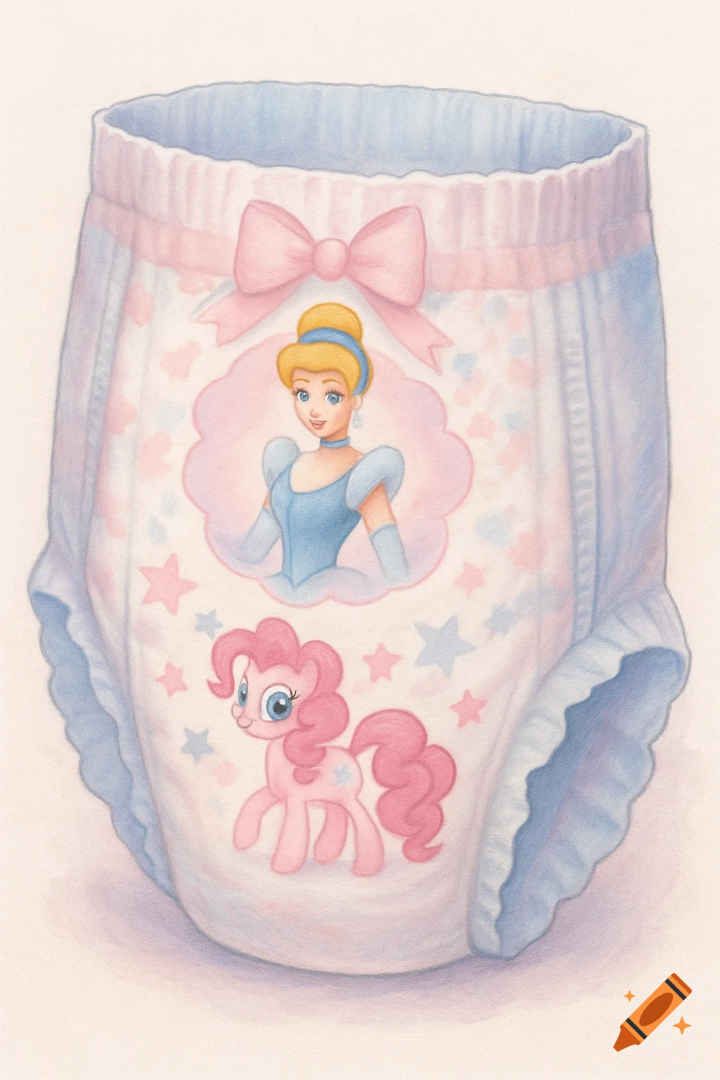 A pastel diaper decorated with images of Cinderella and Pinkie Pie. on ...