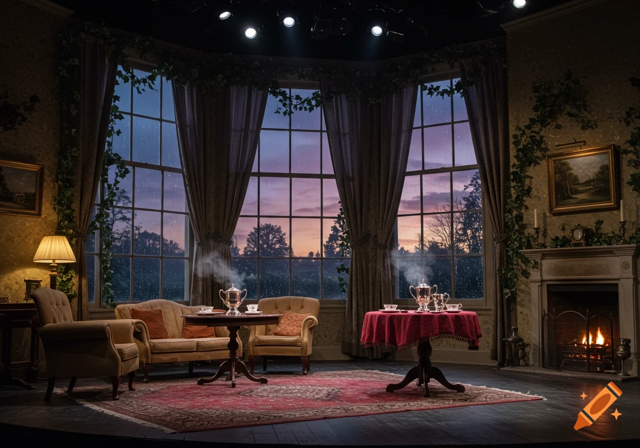 Theatre set of a drawing room with ivy-draped windows, dusk sky, and ...