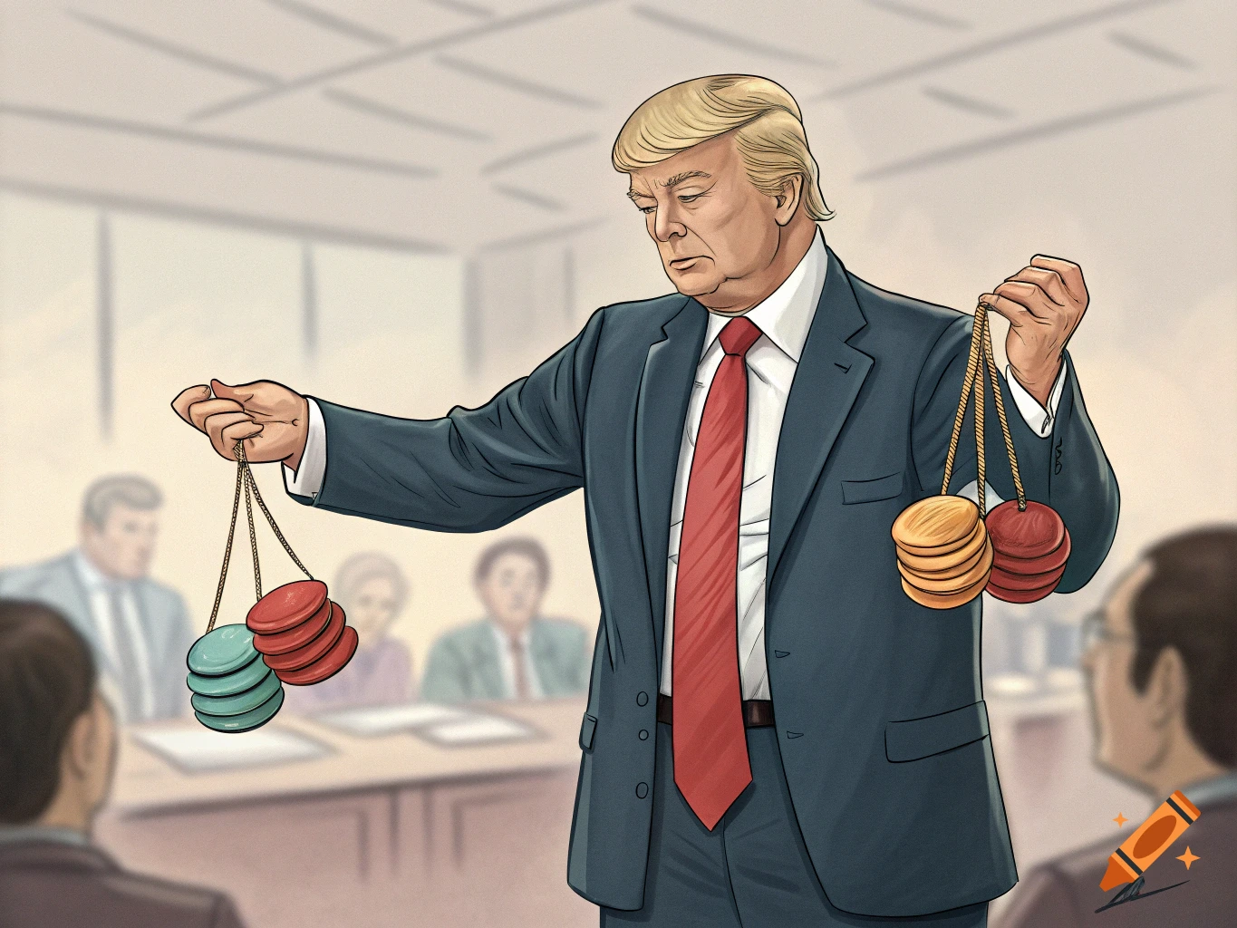 Illustration of Donald Trump holding yo-yos in a meeting room. on Craiyon