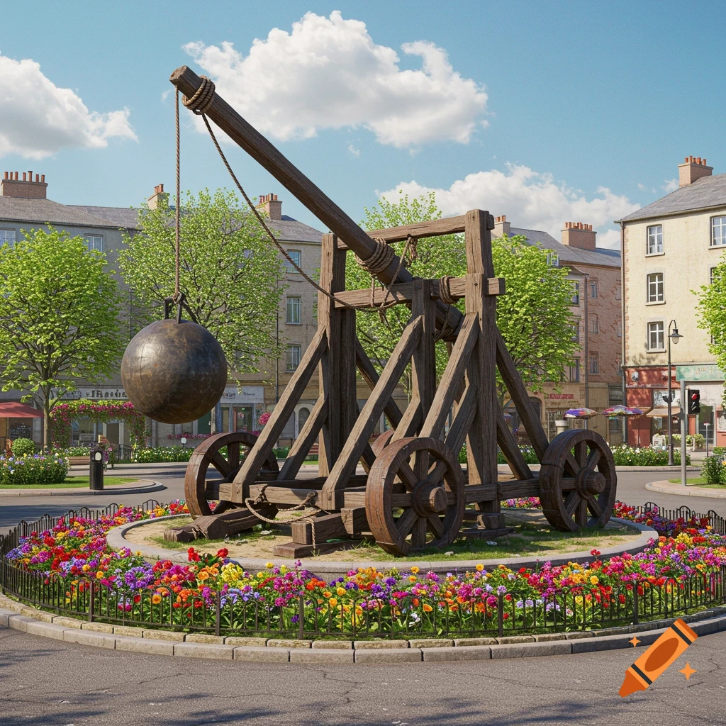 Large wooden catapult with a wrecking ball on a flower-filled ...