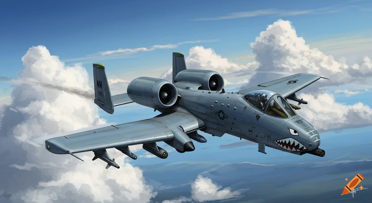 A-10 Warthog military jet flying through clouds, digital painting on ...