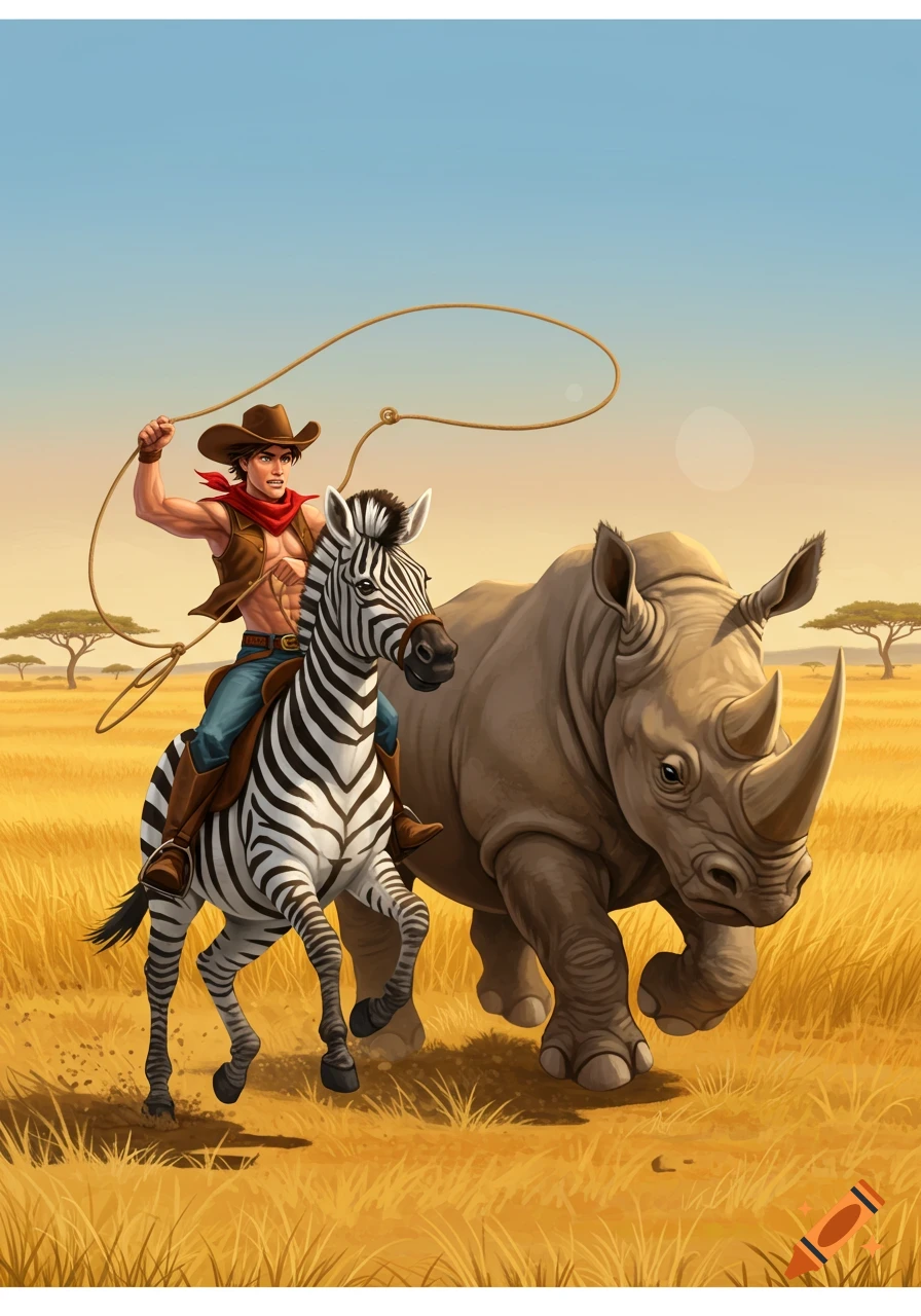 Illustration of a cowboy riding a zebra roping a rhino in a savannah ...