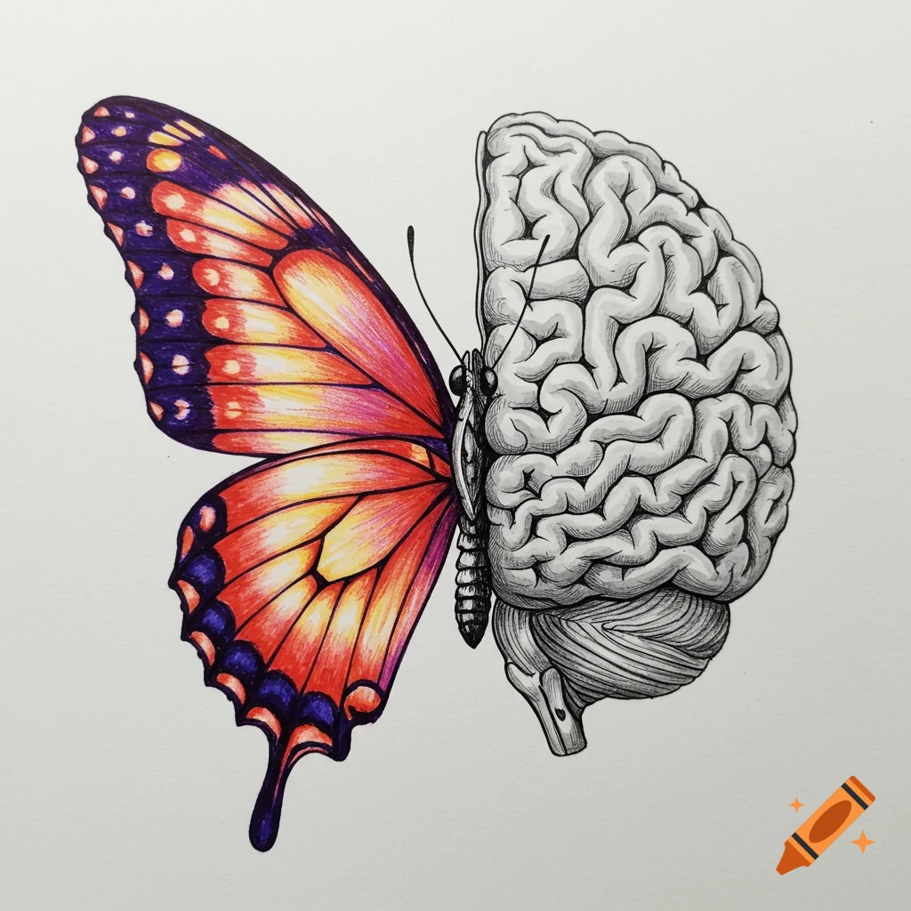 Pen drawing of a colorful butterfly wing merged with a human brain. on ...