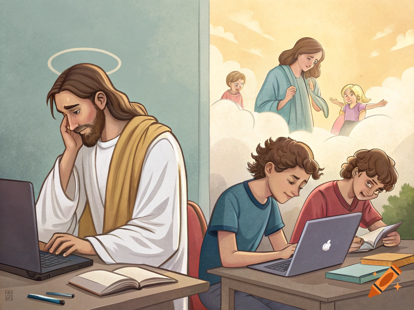 Illustration of Jesus on a laptop and halo, watching teenagers on ...