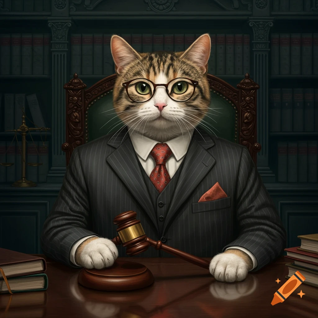 A cat in a suit sits at a desk with a gavel in a courtroom. on Craiyon