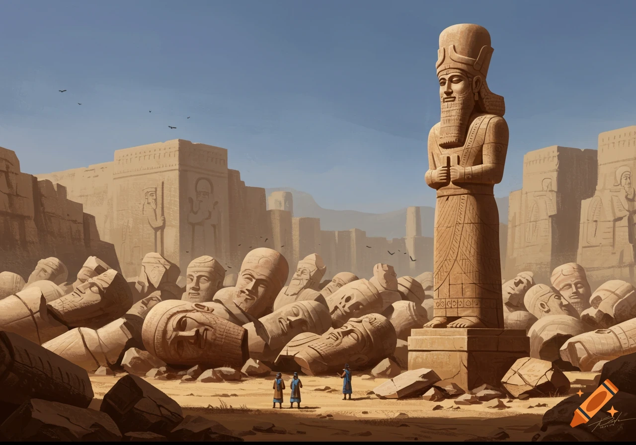 Standing ancient stone statue among fallen heads and ruins in a desert ...