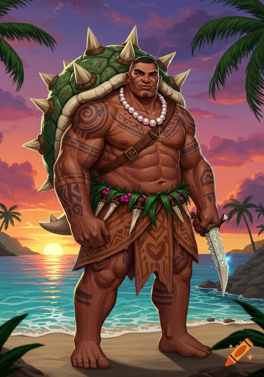 Muscular man with tribal tattoos and turtle shell armor on a tropical beach at sunset, fantasy ...