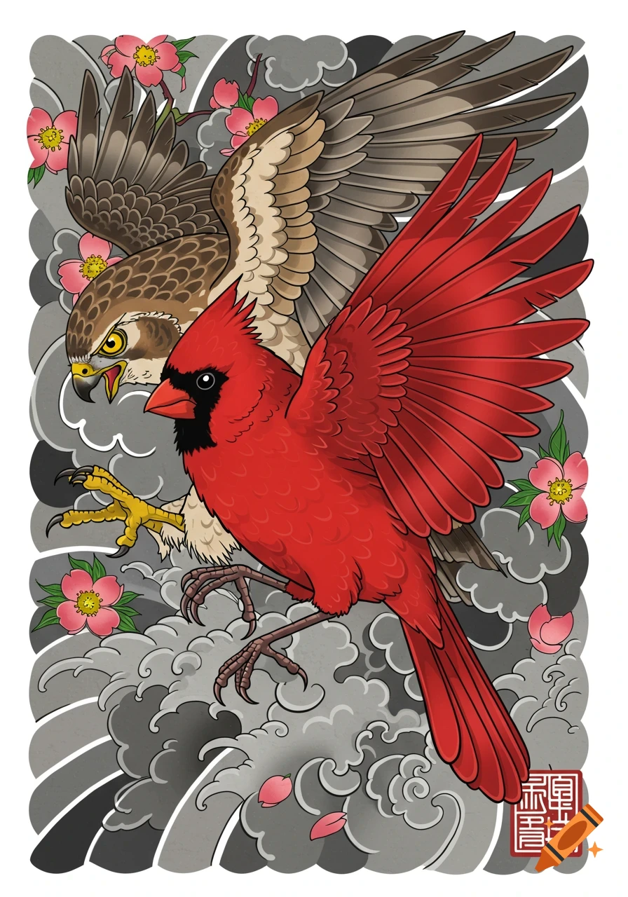 A cardinal and a hawk flying among clouds and flowers, in a Japanese ...