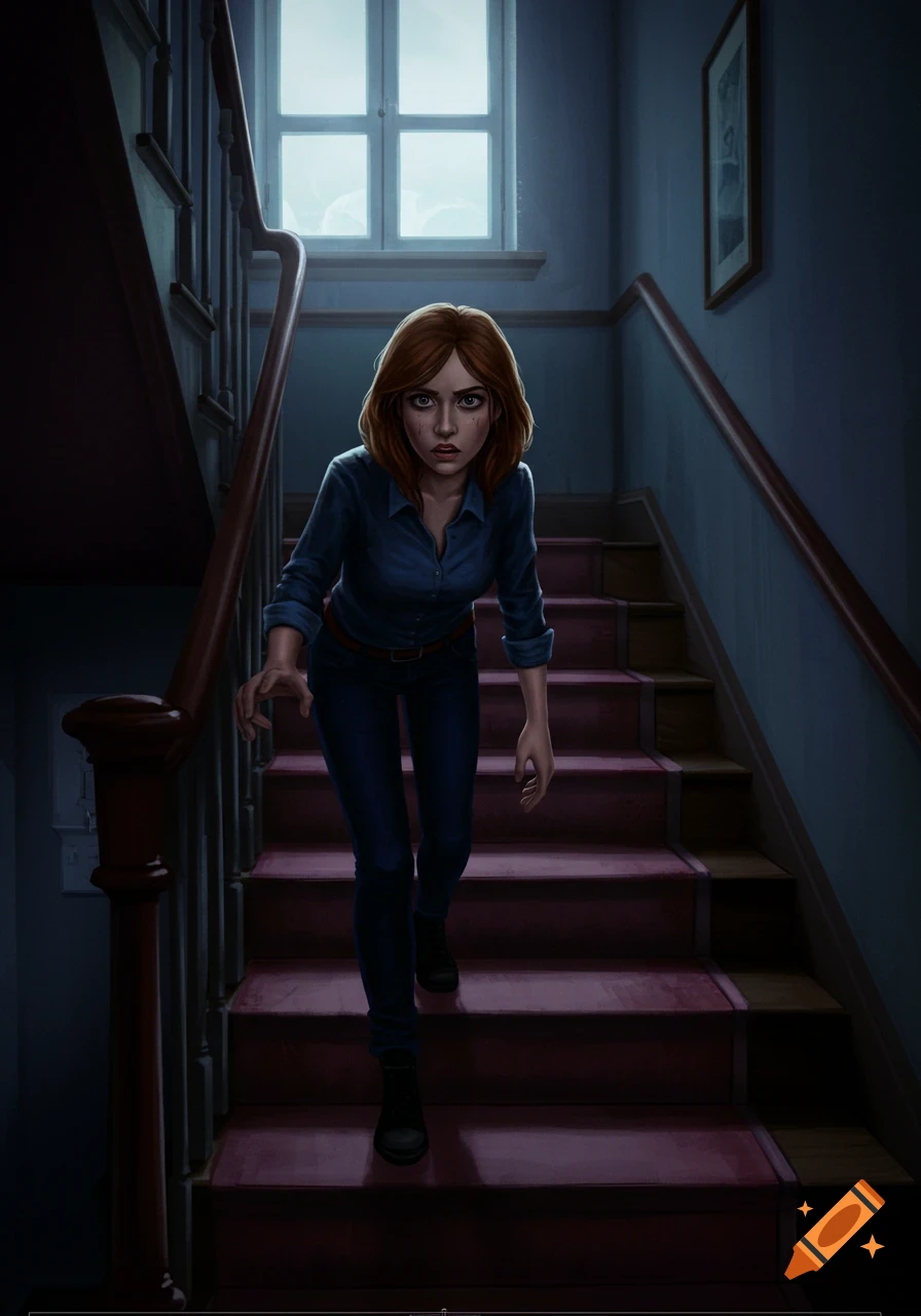 Digital painting of a woman creeping down dark stairs looking scared ...