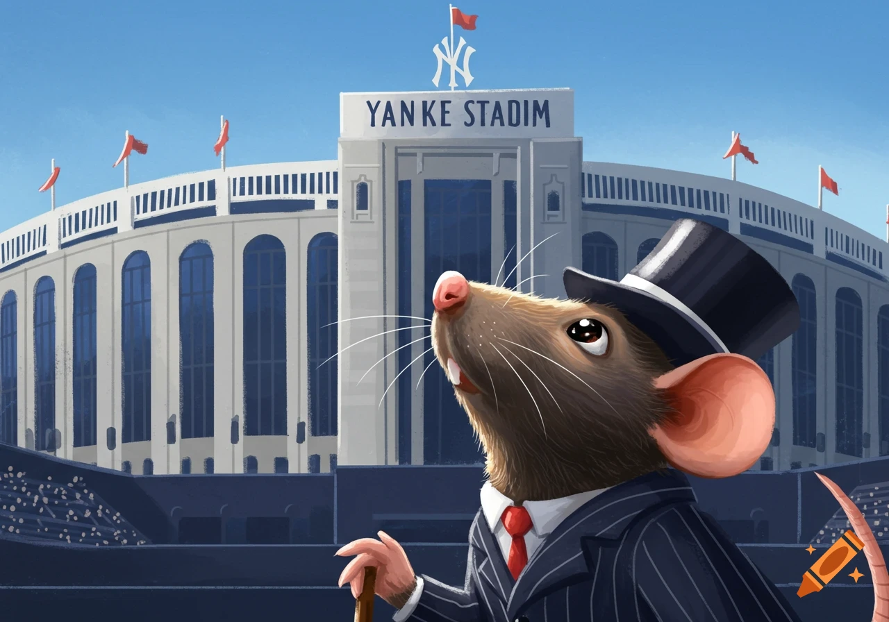 Cartoon rat in a suit and top hat looking up at Yankee Stadium. on Craiyon