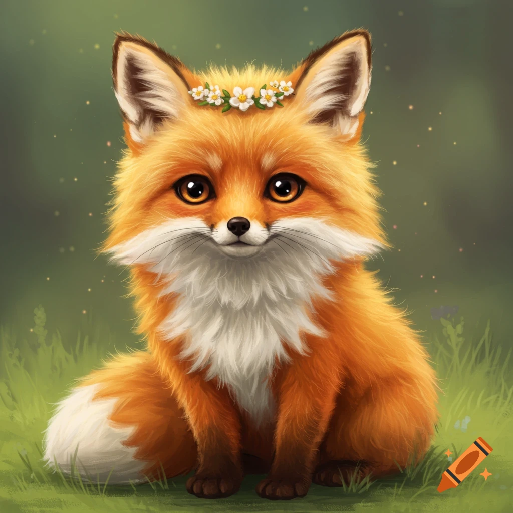 A cute furry fox wearing a crown of small white flowers sits in a ...