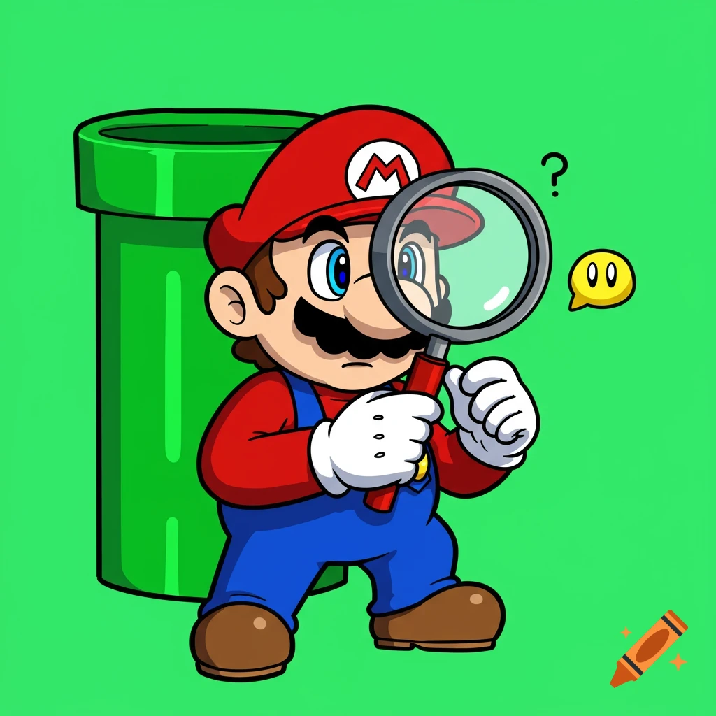 Cartoon illustration of Mario holding a magnifying glass next to a ...