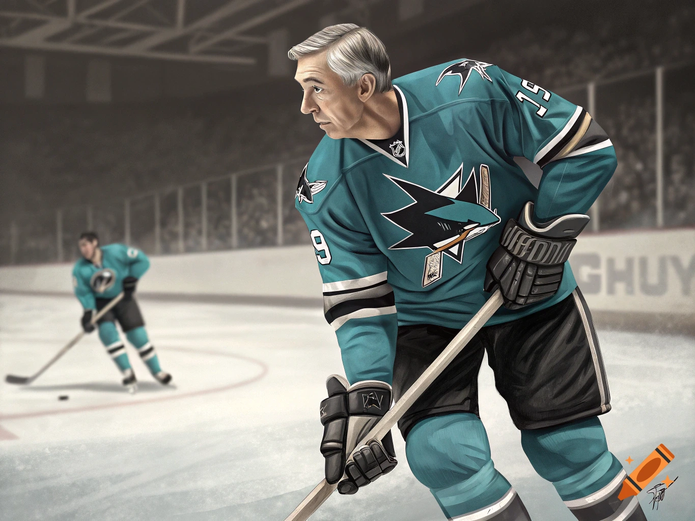 Illustration of a hockey player in a San Jose Sharks uniform skating on ...