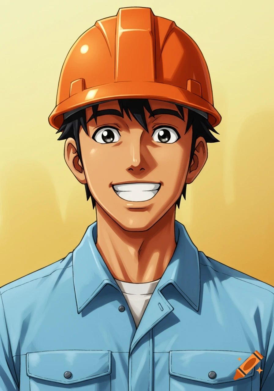 An anime portrait of a smiling construction worker wearing an orange ...
