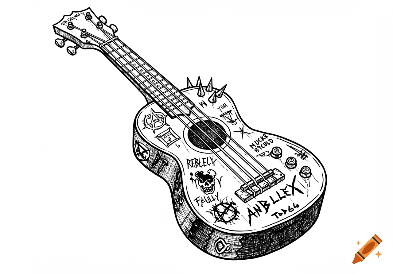 Line drawing of a ukulele decorated in a punk style with spikes and ...