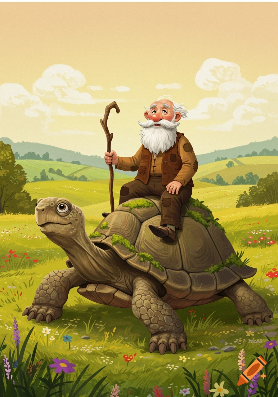 An old man with a white beard rides a large tortoise through a sunny ...