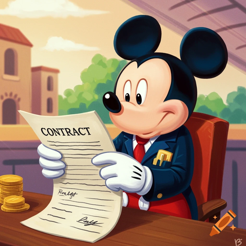 Mickey Mouse in a suit reads a contract at a desk. on Craiyon