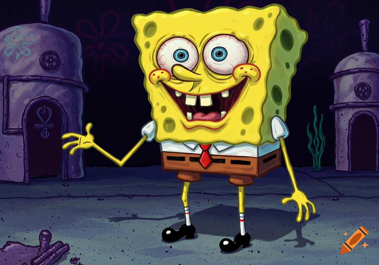 Distorted Spongebob with red eyes and wide grin stands in front of ...