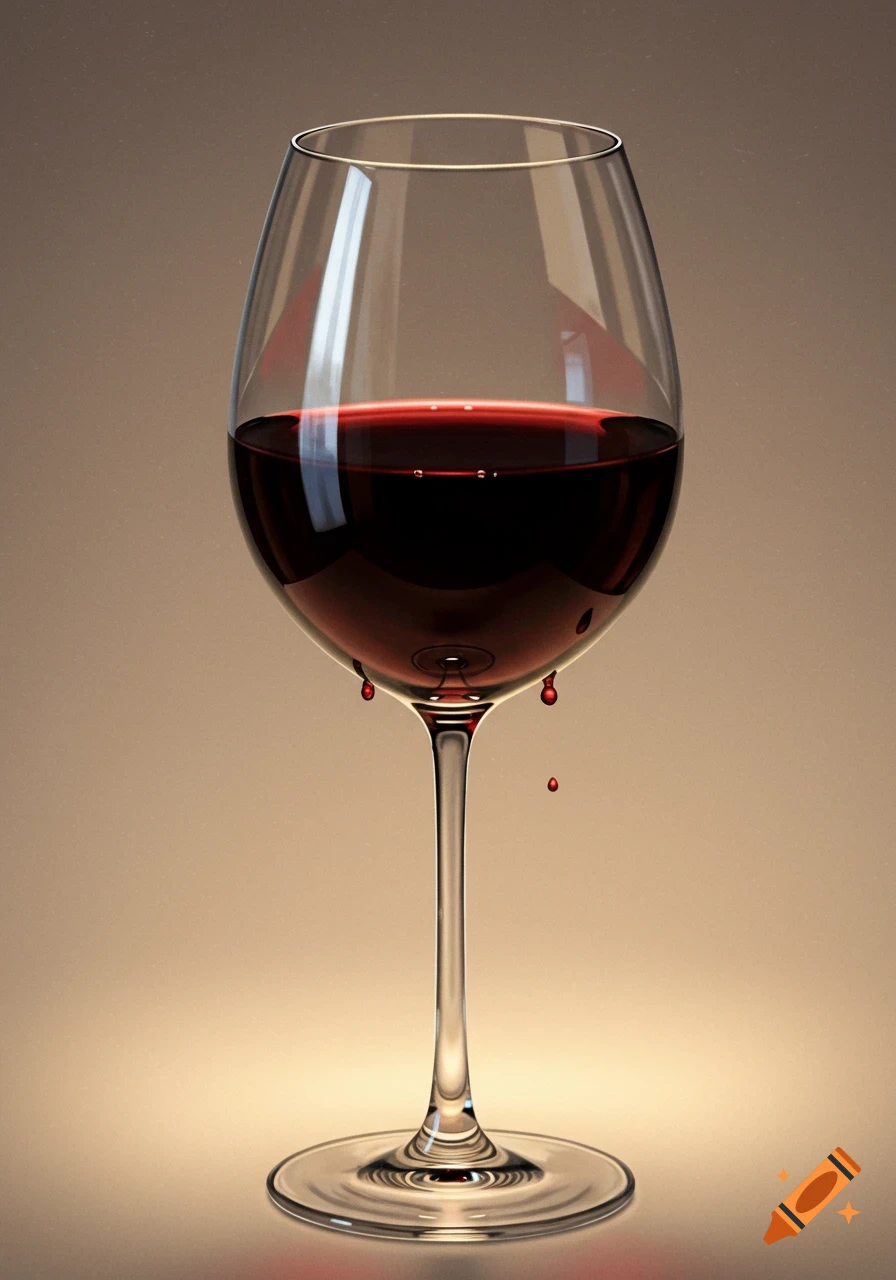 A photorealistic image of a wine glass filled with red wine, with drops ...