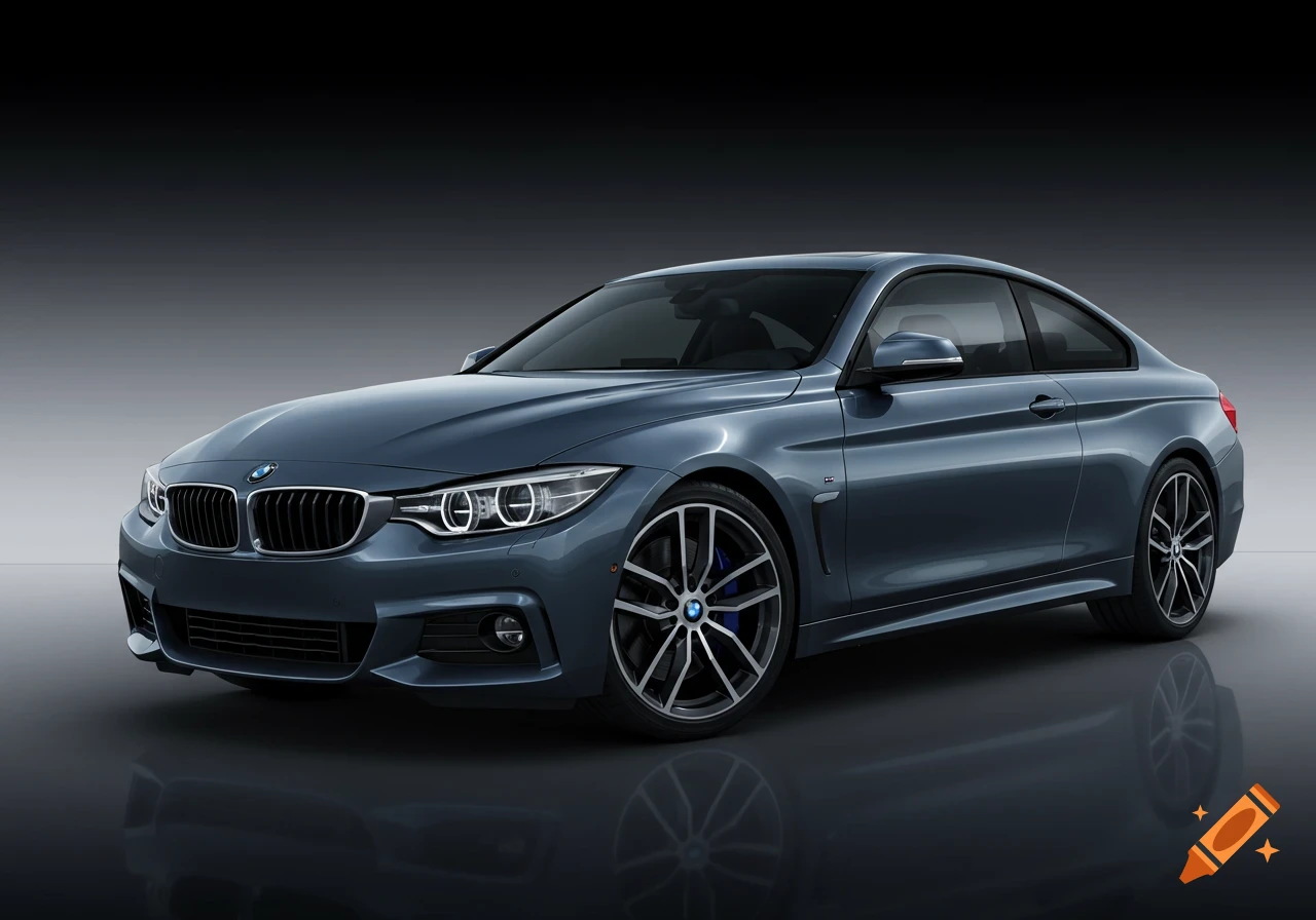 Blue-grey BMW coupe with gunmetal grey wheels in a studio on Craiyon