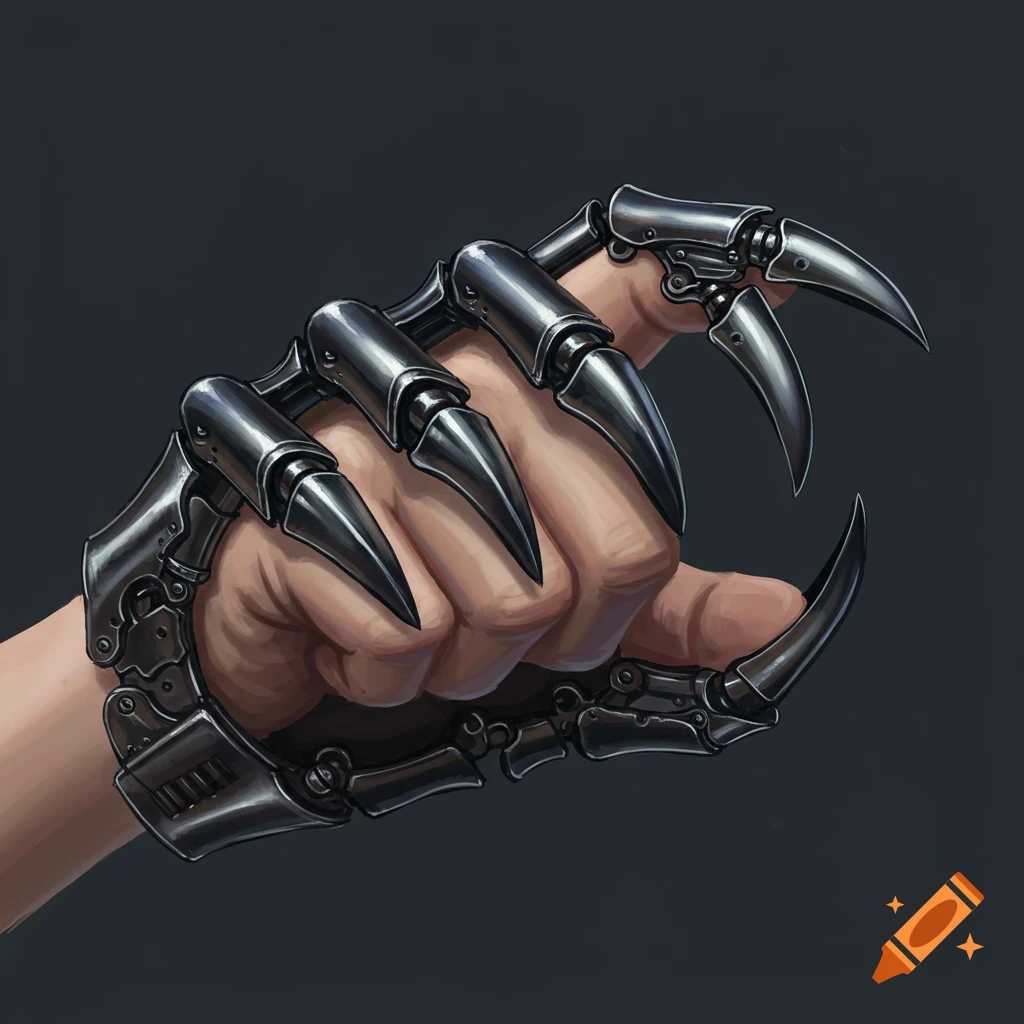 A hand wearing metallic retractable claws on Craiyon
